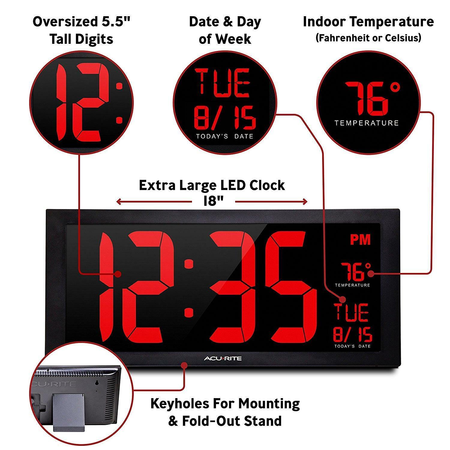 AcuRite Large Digital Clock LED 18-Inch with Indoor Temperature 75100C