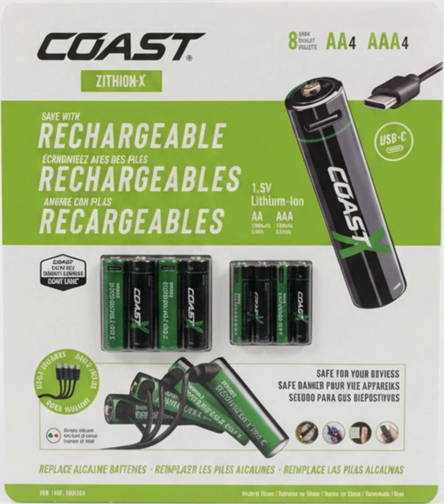 COAST ZITHION-X USB-C Rechargeable Lithium AA & AAA Batteries 8-Pack ...